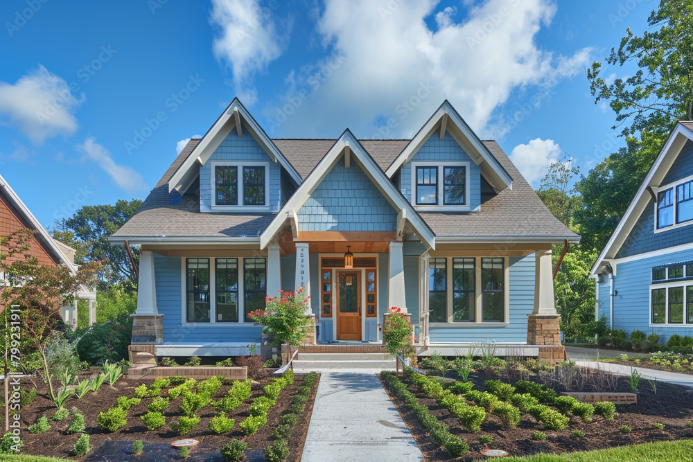 The front view of a newly constructed cottage craftsman style house in ...
