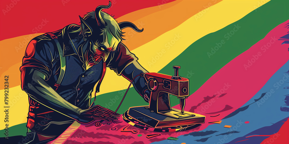 An imaginative illustration depicting the Devil sewing a pride flag ...