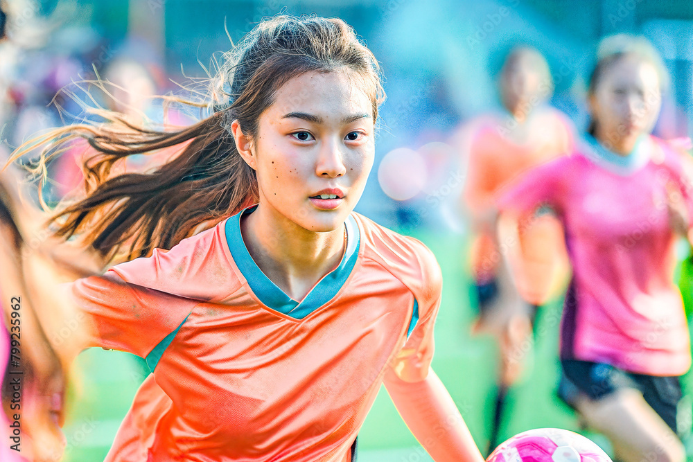 Young Asian soccer player concentrating on the game action, wearing ...