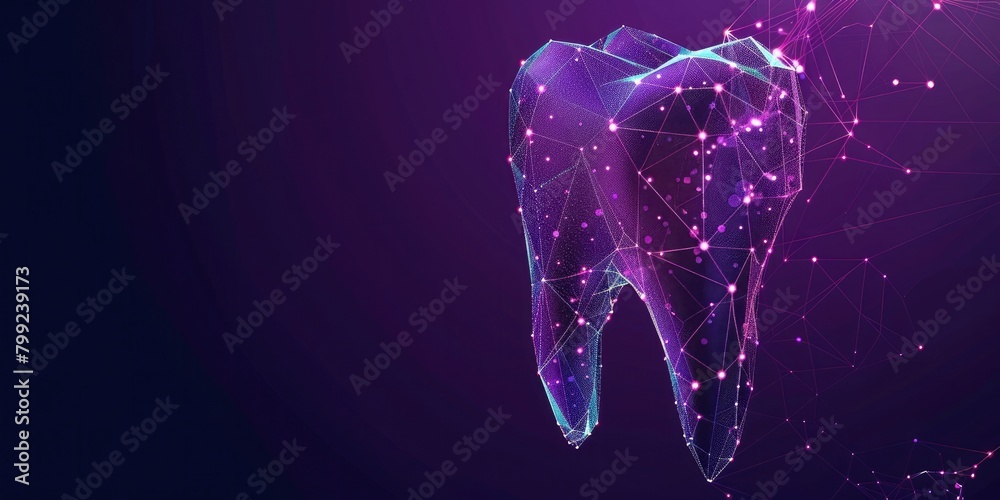 Abstract low poly digital tooth shape made of glowing dots and lines on ...