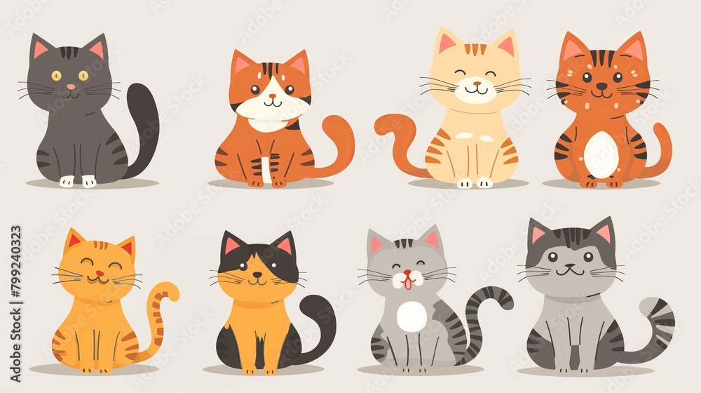 Collection of Cute Cartoon Cats in Various Colors and Poses Stock ...