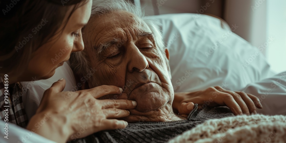 Hospital, sorrowful or old couple, sick patient, and hug for empathy ...