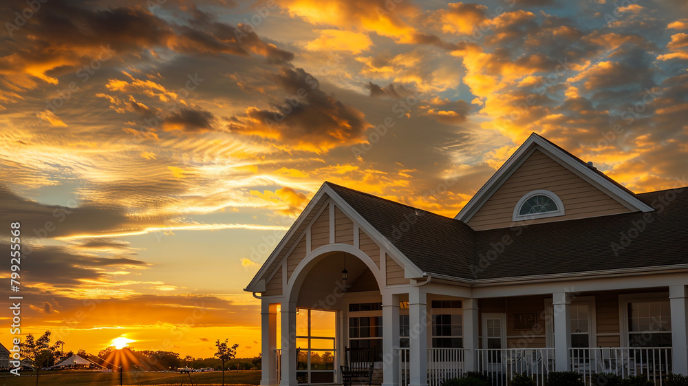 Golden sunset skies over a new community clubhouse with a white porch ...