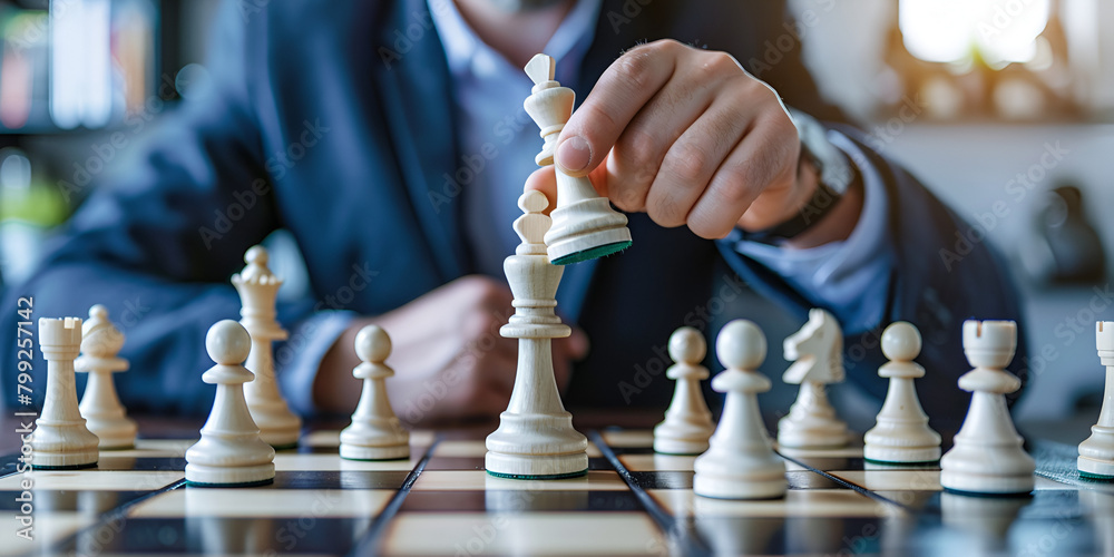 A man in a suit focused on playing chess, strategizing his moves on a ...
