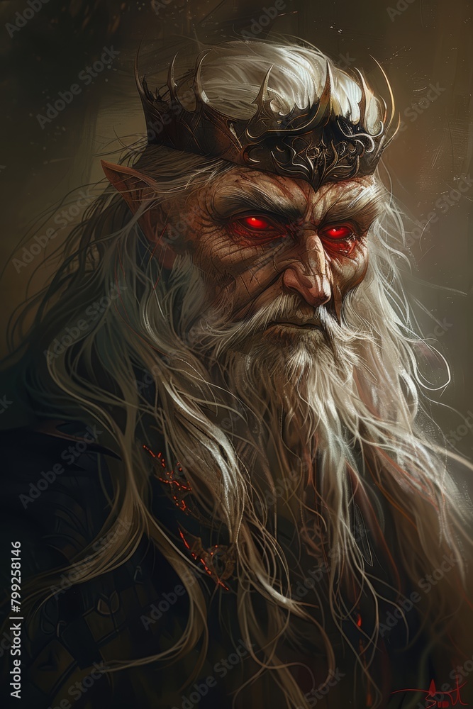 A digital oil painting of old elf king with red evil eyes and white ...