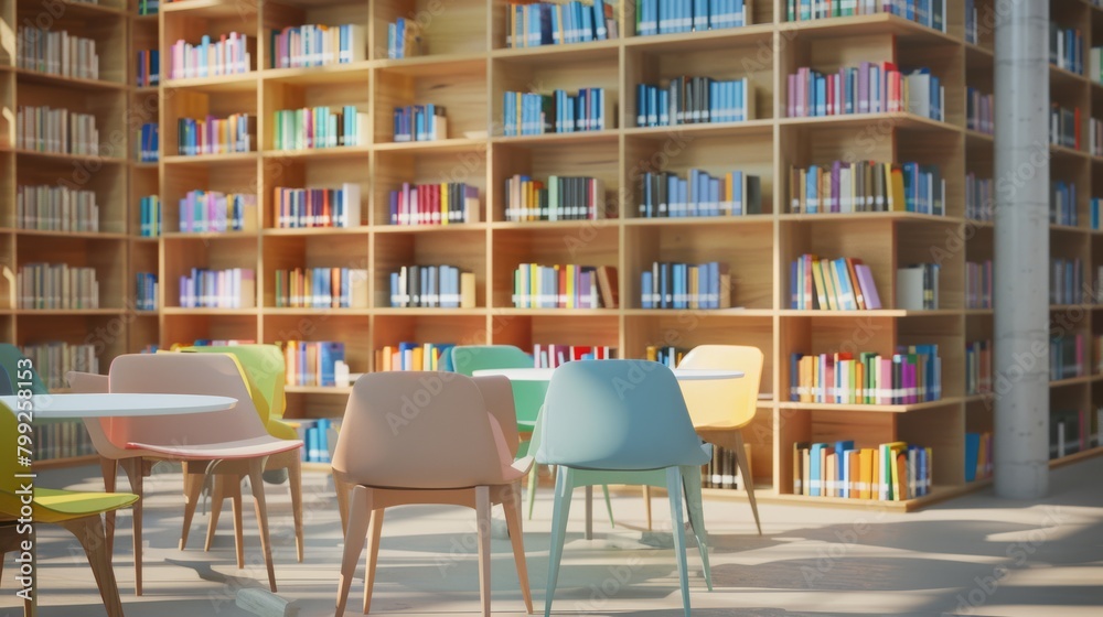 Modern public library reading area with colorful chairs and extensive ...