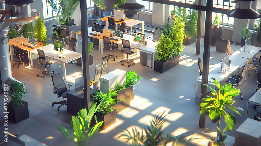 An open-plan office layout with spacious workstations, collaborative ...