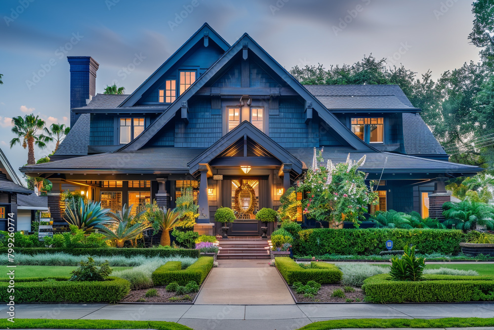 The front facade of a striking cobalt blue cottage craftsman style ...