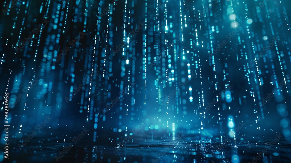 Blue matrix code raining down in a dark room for hacking concepts Stock ...