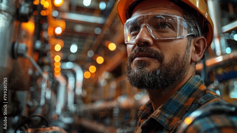 Portrait of a smiling hispanic worker wearing a hard hat and safety ...