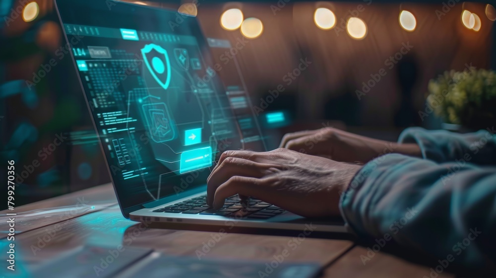 Hands, laptop programmer, hologram for login, cyber security code and software. IT, keyboard ...