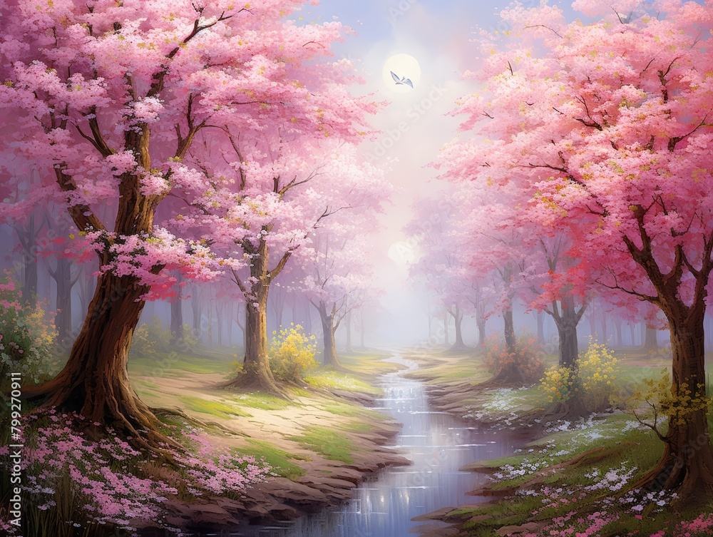 Blossoming cherry trees arching over a secluded path, vibrant and ...