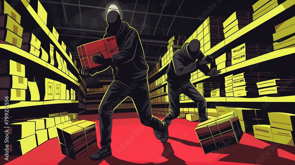 Two masked men are robbing a store. One man is carrying a box of goods ...