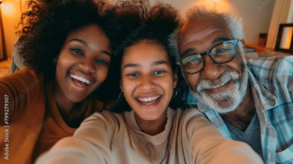 Dad, grandfather, and son selfie at home for affection, profile picture ...