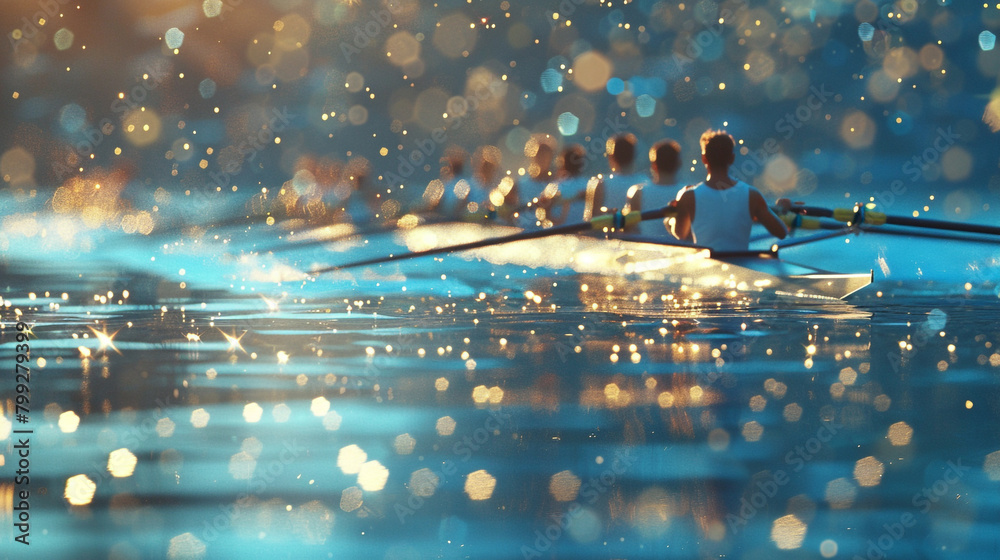 Rowing regatta with azure particles shimmering against a blurred ...