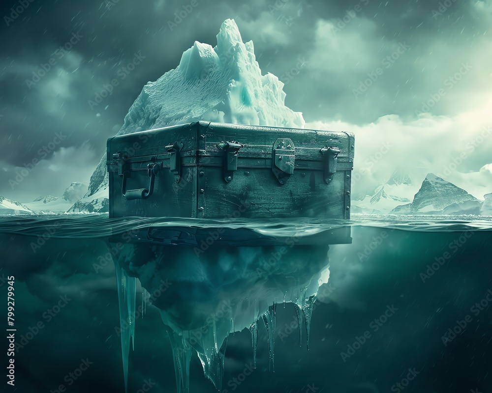 Iceberg cracking revealing a treasure chest, metaphor for uncovering ...