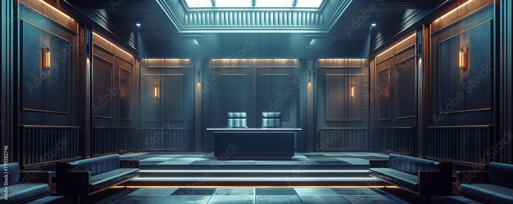 A formal courtroom setting, complete with a judge s bench, witness ...