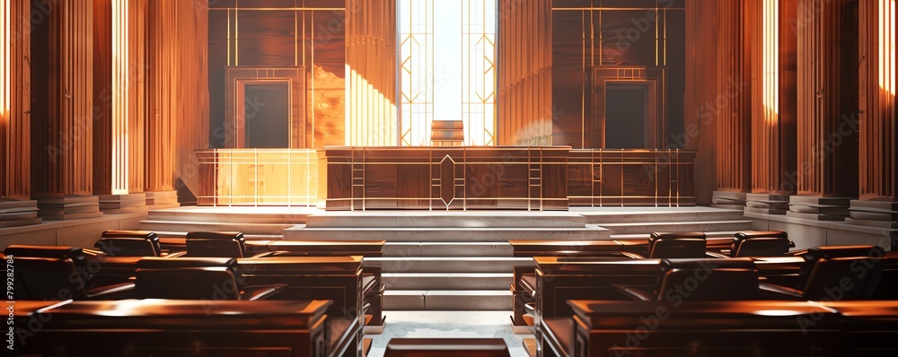 A formal courtroom setting, complete with a judge s bench, witness ...