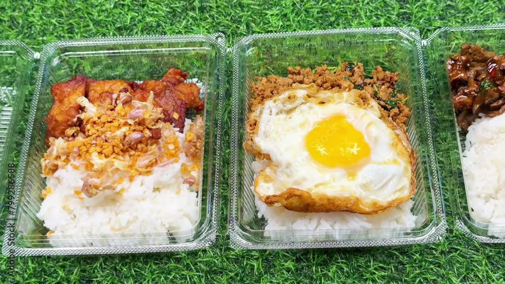 Takeaway containers showcase popular street food meals with rice, each ...