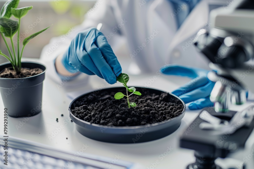 Science, hands, and leaves on microscope petri dishes for testing ...