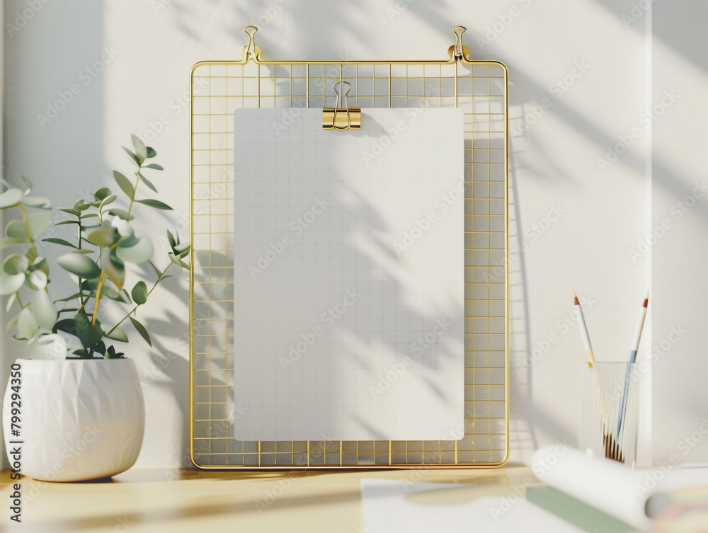 A photo shows a gold wire frame with white blank cards hanging on it ...
