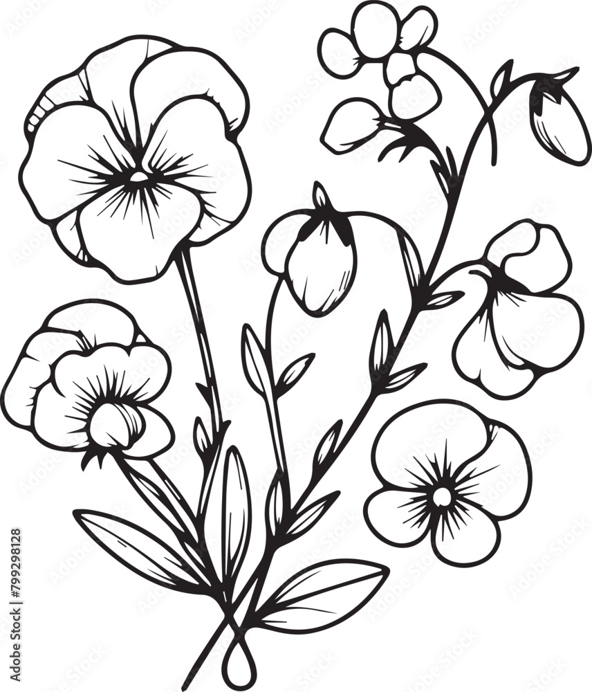 hand-drawn botanical summer elements natural collection, sweet pea line ...