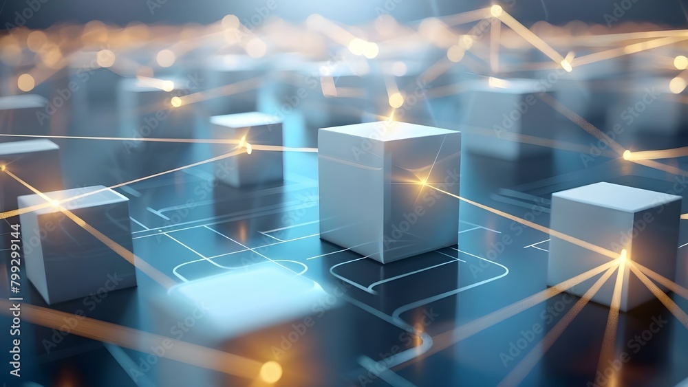 3D white cubes connect diagrams on blue background for organizational ...