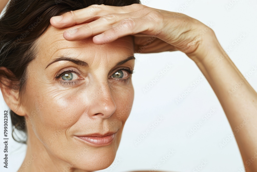 Senior woman, beauty portrait, face lift on gray studio background ...