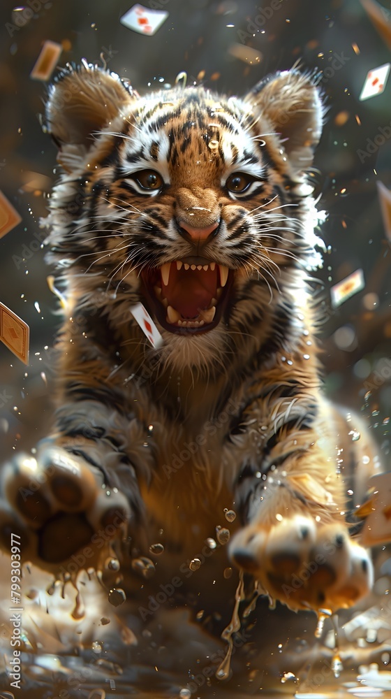 Mischievous Tiger Cub Playfully Interacting with Floating Magical ...