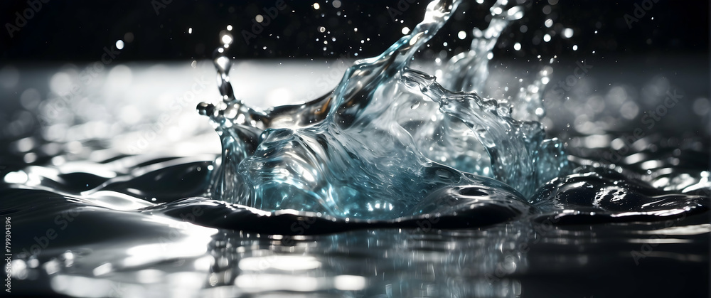 High-speed capture of a crystal-clear water splash causing circular ripples on a dark, serene ...