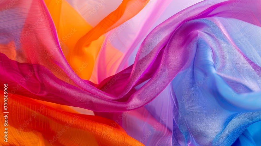 Vibrant fabric caught in a breeze, colors blending mid-air, captured in ...