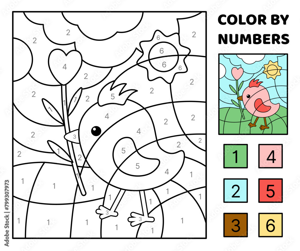 Color by number. Pink nestling with flower. Coloring page. Game for ...