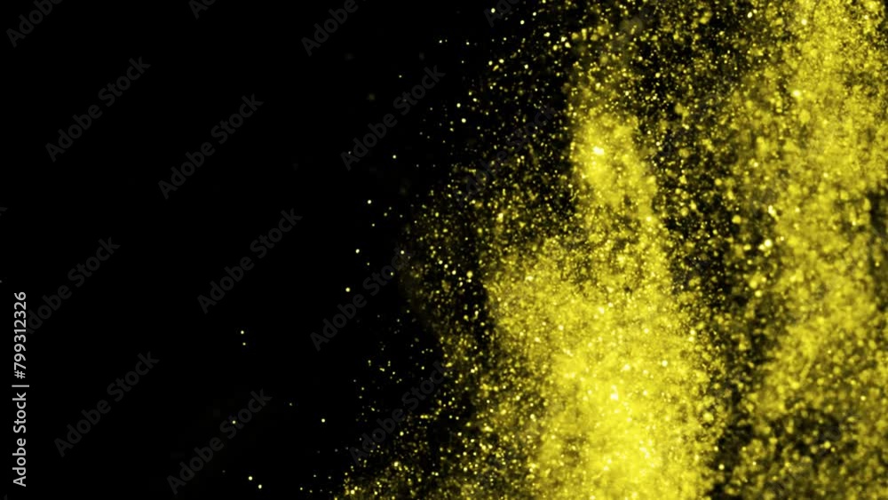 Golden glitter background in slow motion. Beautiful transition with real gold particles flying ...