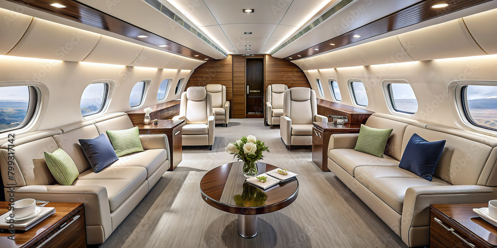 Inside the luxury private jet is a spacious cabin with plush leather ...