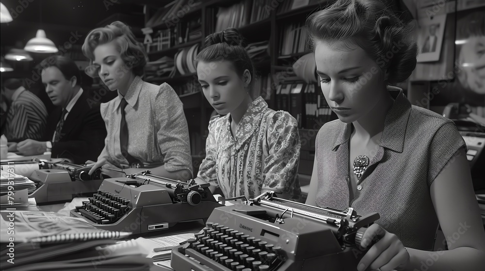 Early 1970s journalists at a bustling newspaper office, typing ...