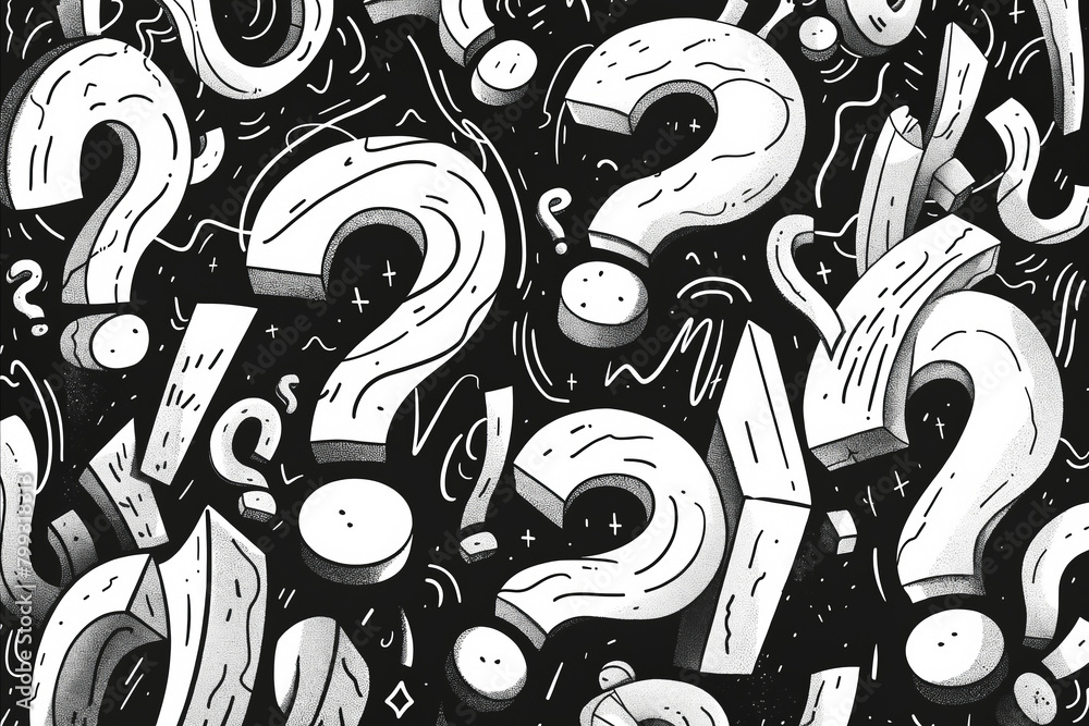 A black and white drawing of many different types of question marks ...