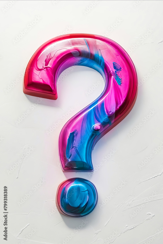 A pink and blue question mark made of plastic. The pink and blue colors ...