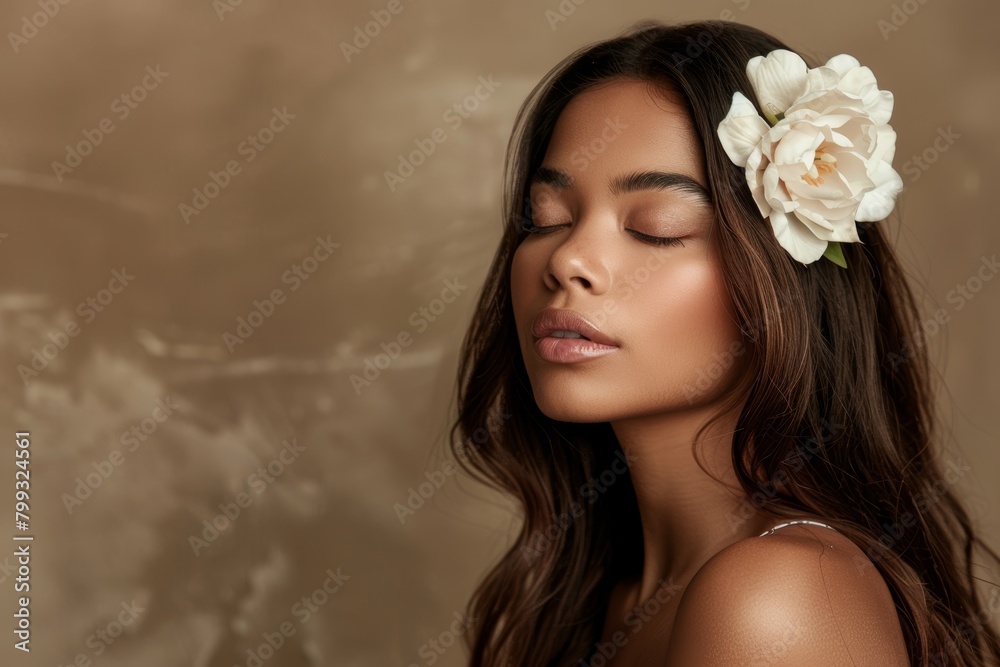 Woman closed eyelids, flower with cream, studio or beauty, wellness, or ...