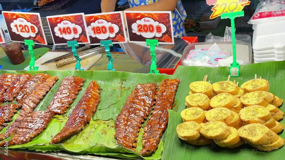 Food market. Vibrant Asian street food stall displays grilled meat and ...