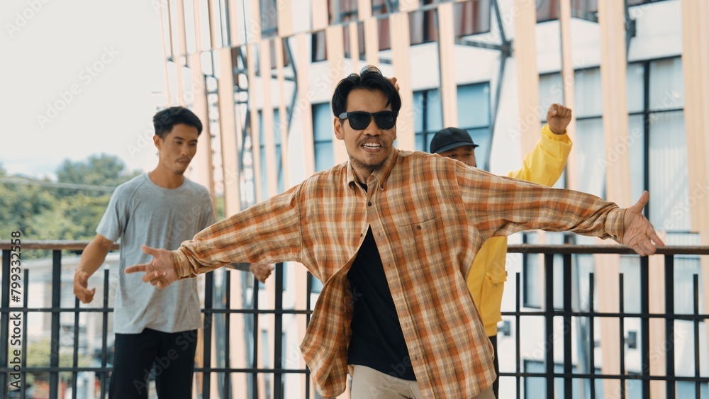 Hip hop team dance break dance while multicultural friend surrounded ...