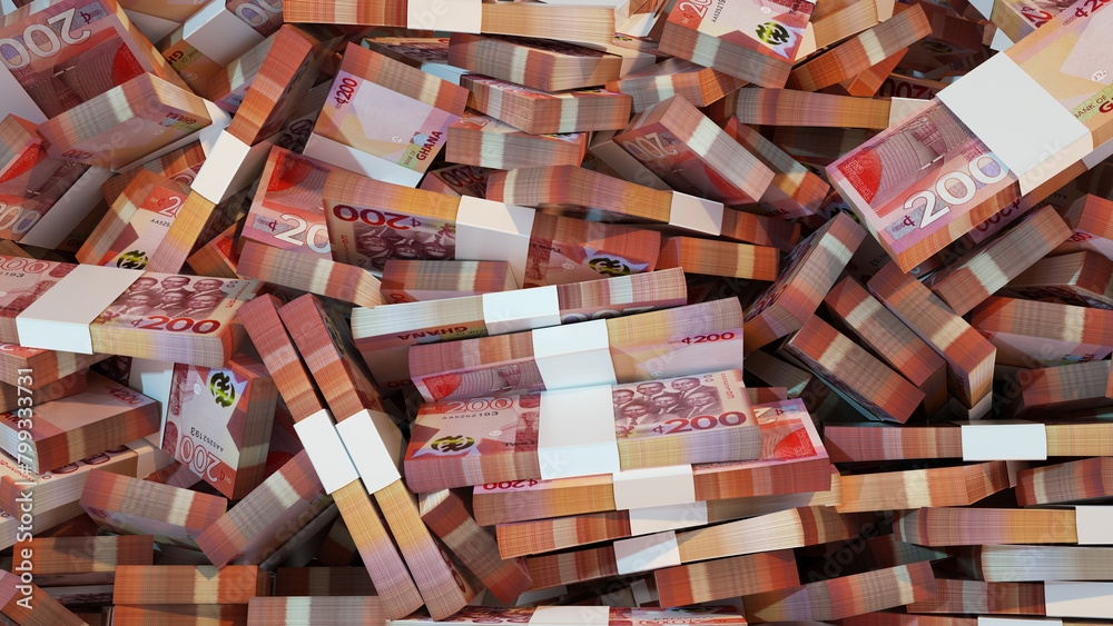 3D rendering of pile of stacks of 200 Ghanaian cedi notes spread on ...