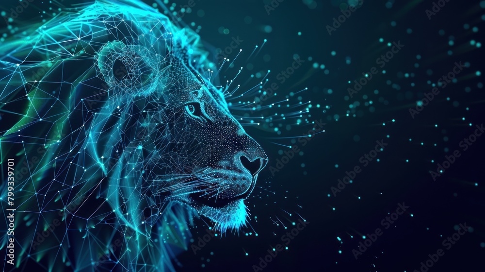 Abstract digital lion , lines and connected dots. King of beasts ...