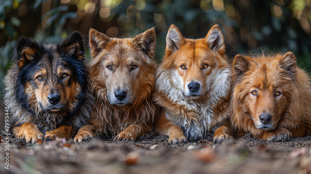Four Diverse Dogs Lying Together on Forest Ground, Displaying Bond and ...