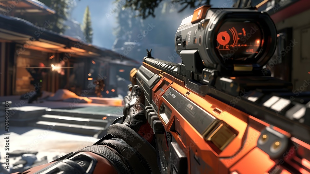 First-Person Shooter Gaming Scene With Futuristic Weapon and Dystopian ...