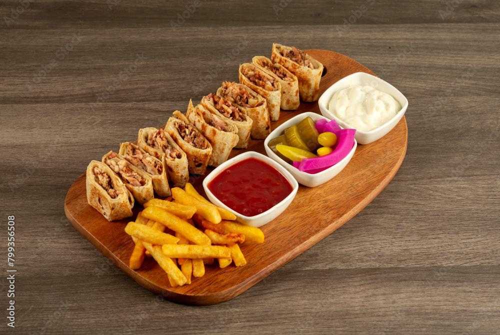 Arabic shawarma meal with french fries, ketchup and mayonnaise Stock ...