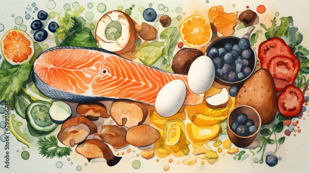 Watercolor collage depicting a variety of Vitamin D sources, including ...