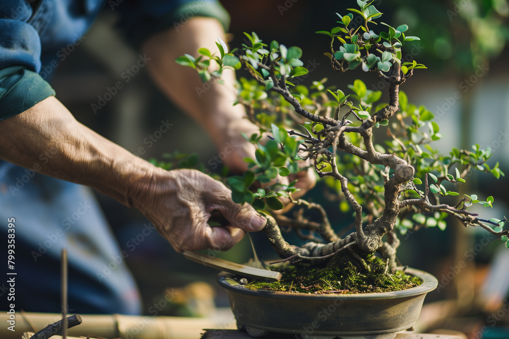 Enthusiast learning the art of cultivating and shaping bonsai trees ...