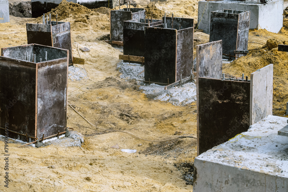 Construction work of the zero cycle. Formwork shields for the ...