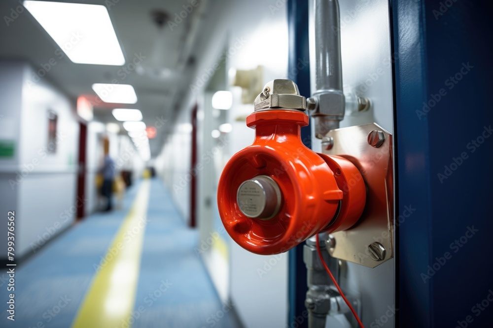 Red fire hydrant in the wall of an office building Stock Photo | Adobe ...
