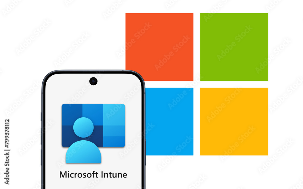 Microsoft Intune logo displayed on a modern smartphone standing on a ...